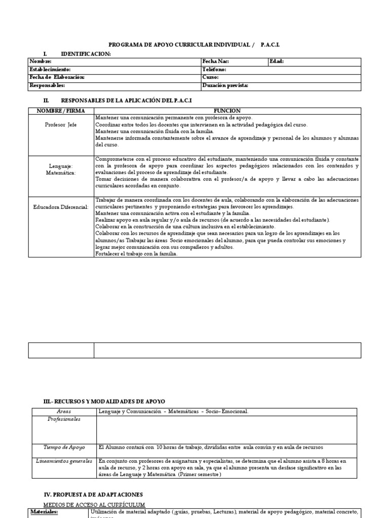 Ejemplo de Programa de Apoyo Curricular Individual P A C I 2 | PDF | Salón de clases | Lectura ...