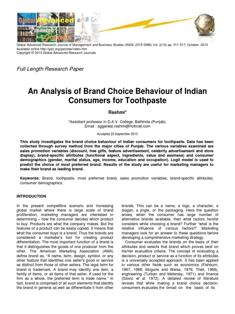 An Analysis of Brand Choice Behaviour of Indian Consumers For ...