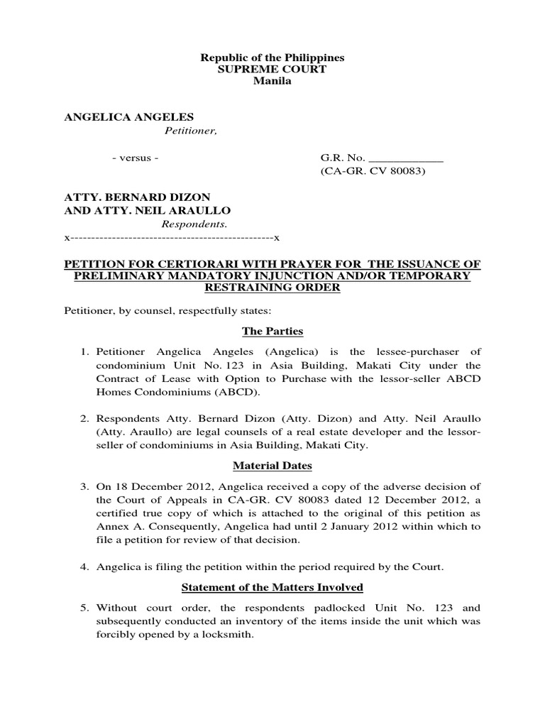 Petition For Certiorari Rule 65 | Download Free PDF | Injunction | Dwelling
