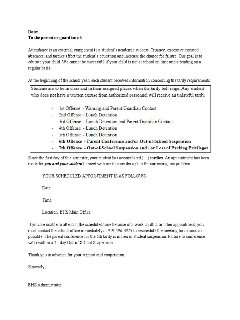 Revised Tardy Letter | PDF