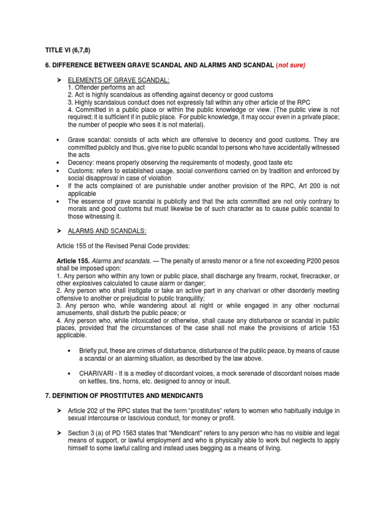 TITLE VI (6,7,8) 6. Difference Between Grave Scandal and Alarms and ...