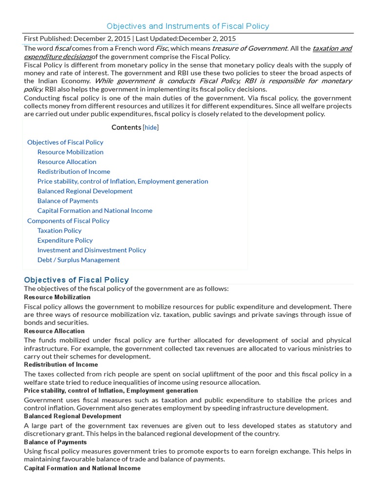 Objectives and Instruments of Fiscal Policy | PDF | Fiscal Policy ...