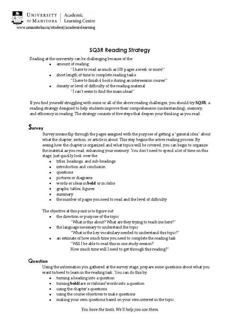 A Guide To The Sq3r Reading Strategy Survey Question Read Recite