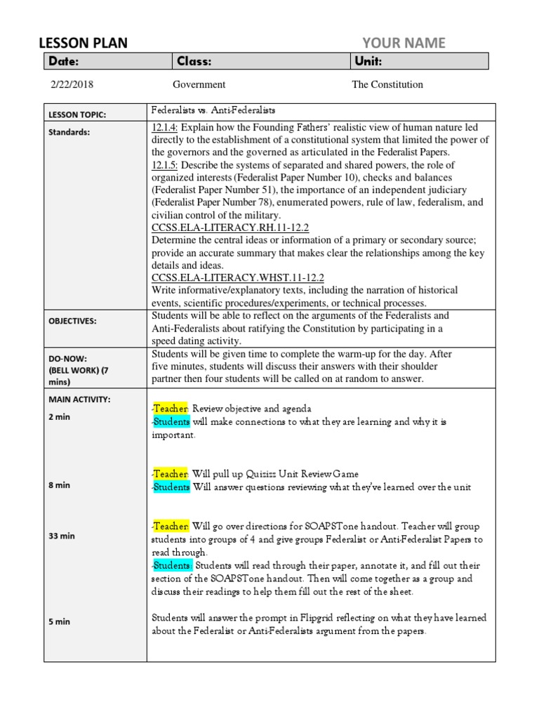 Lesson Plan: Date: Class: Unit | PDF | The Federalist Papers ...