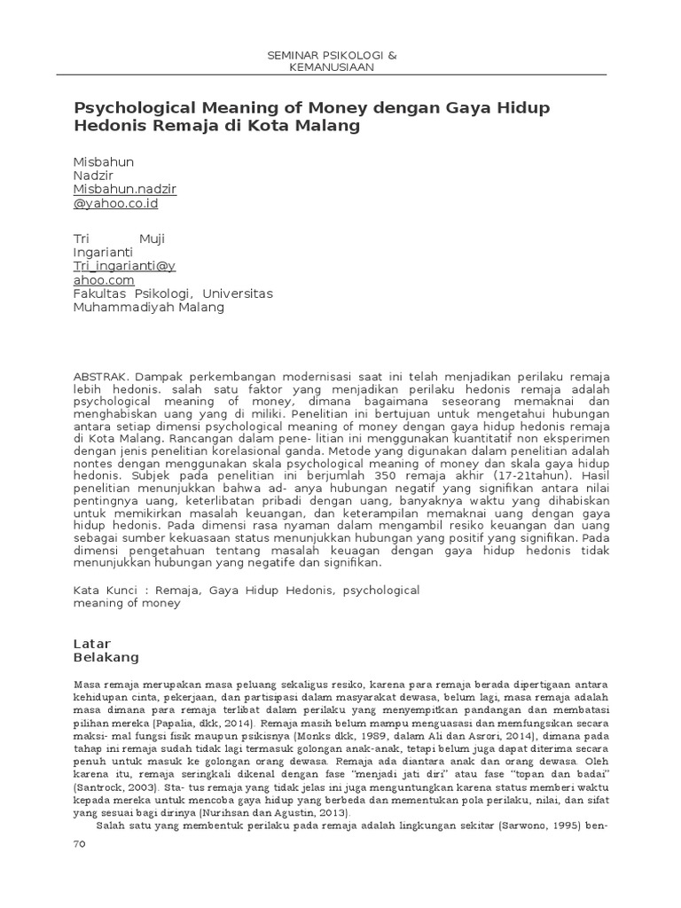 Jurnal - Psychological Meaning of Money Dengan Gaya Hidup Hedonis Remaja Di Kota Malang | PDF