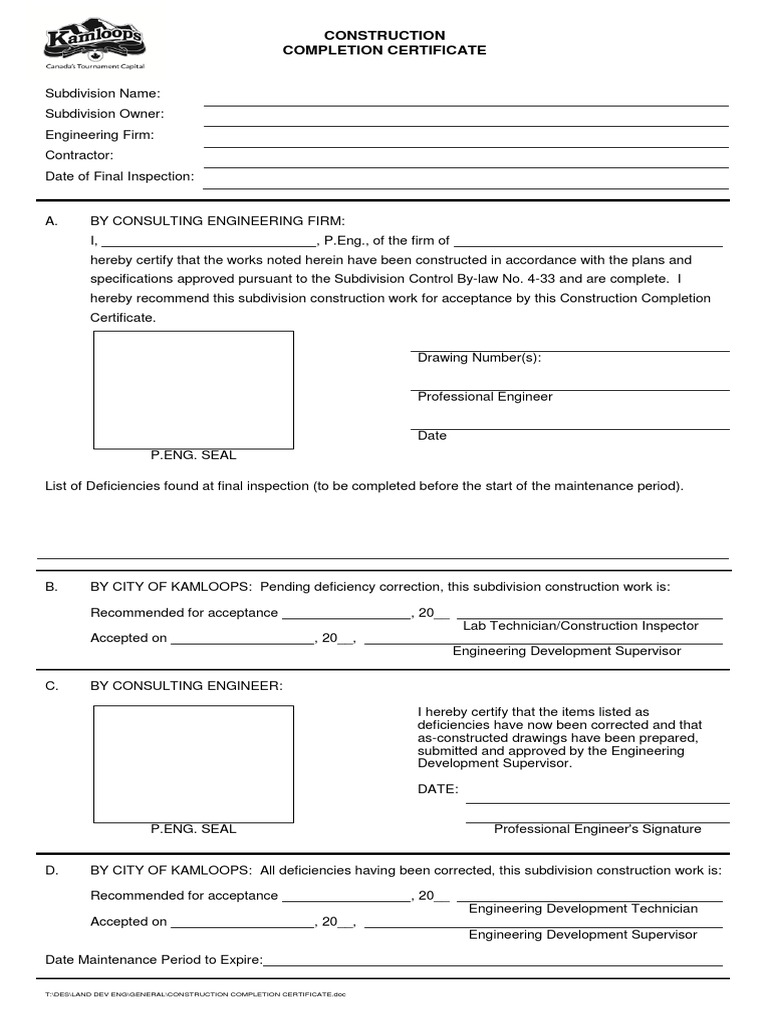 Subdivision Construction Completion Certificate | PDF | Engineering ...