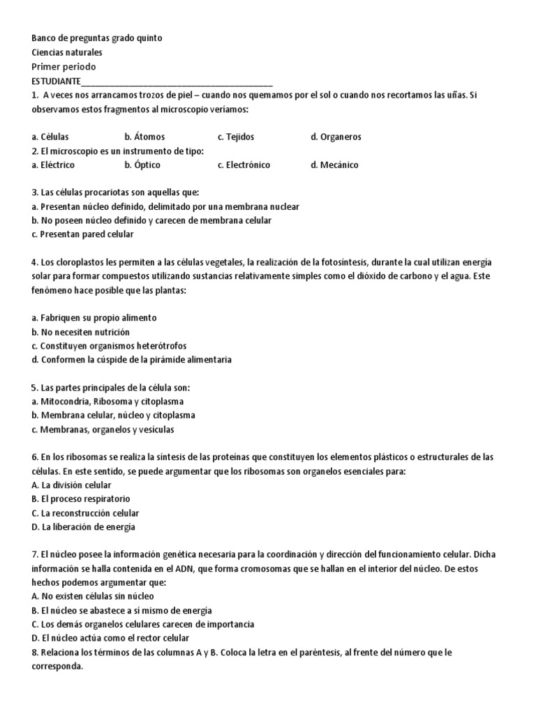 Banco de Preguntas Grado Quinto | PDF | Sistema endocrino | Citoplasma