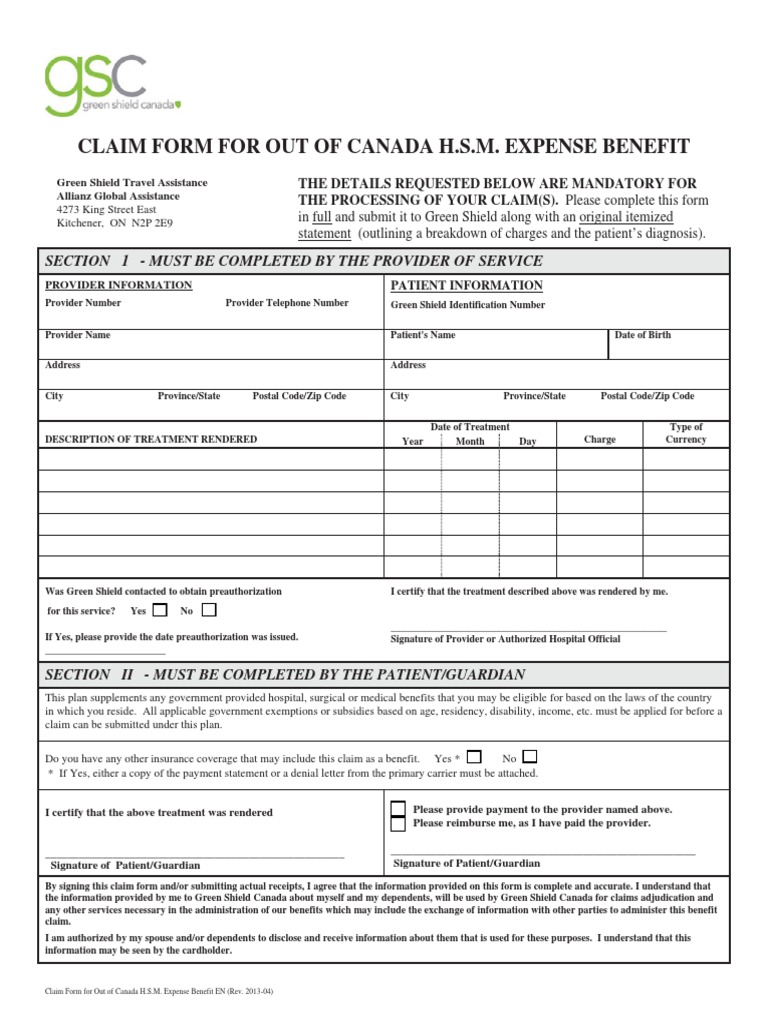 Claim Form For Out of Canada H.S.M. Expense Benefit: Section 1 - Must ...