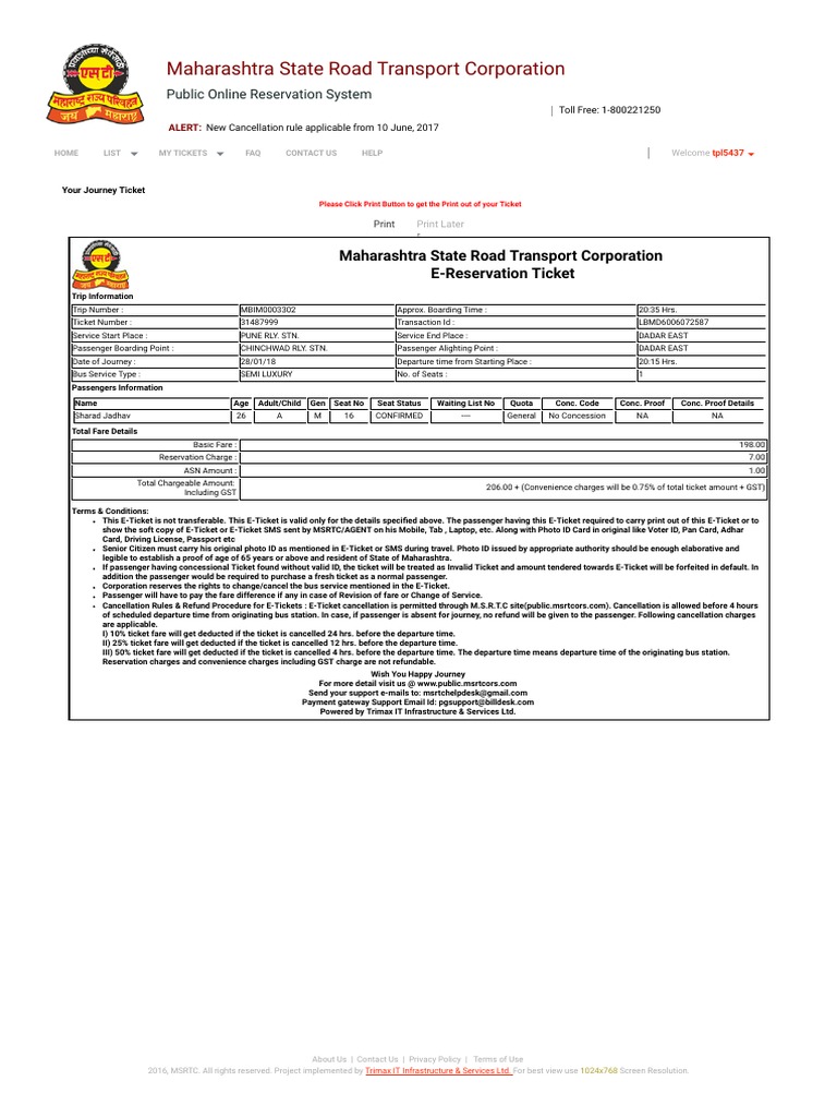 MSRTC - Online Reservation System | PDF | Identity Document | Ticket ...