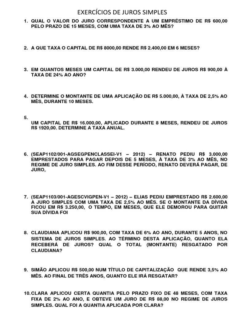 Juros Simples Exercícios 1 | PDF
