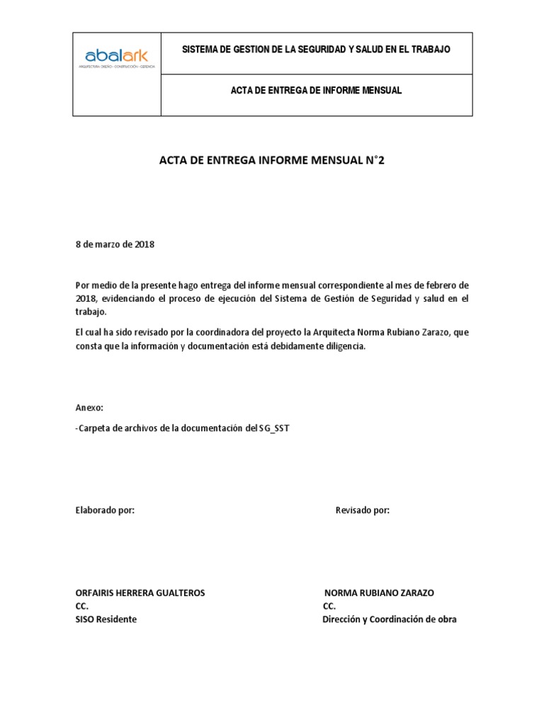 Acta de Entrega Informe Mensual Enero | PDF