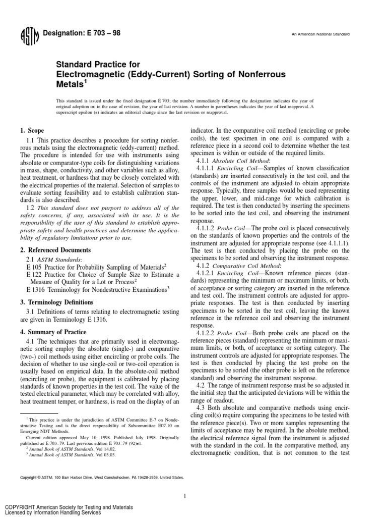E703-98 EC Sorting of NonFerrous PDF | PDF | Inductor | Calibration
