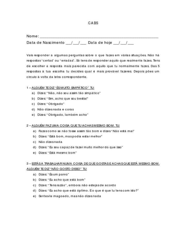 CABS - Children Assertive Behaviour Scale | PDF | Lazer