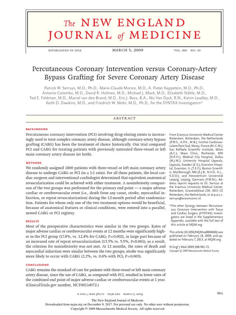 Pci Versus Cabg in Cad, Serruys (2009) | PDF | Percutaneous Coronary ...