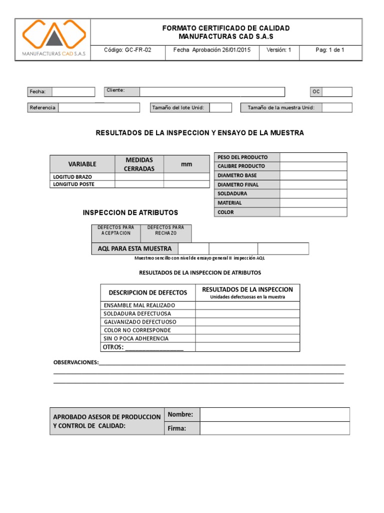 Formato Certificado de Calidad | PDF