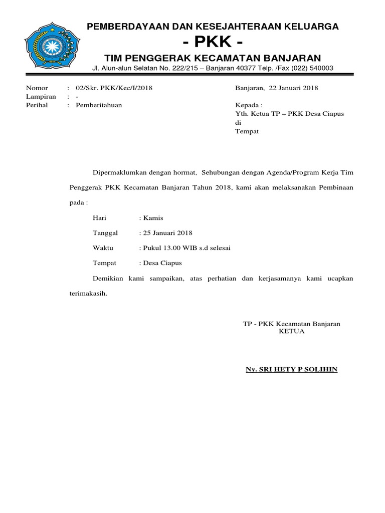 Surat Pemberitahuan Kegiatan PKK 2018 | PDF