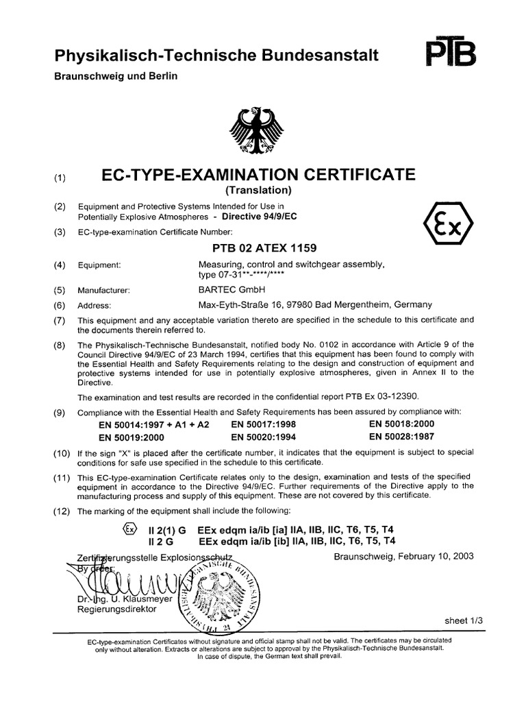 En PTB 02 Atex 1159 | PDF