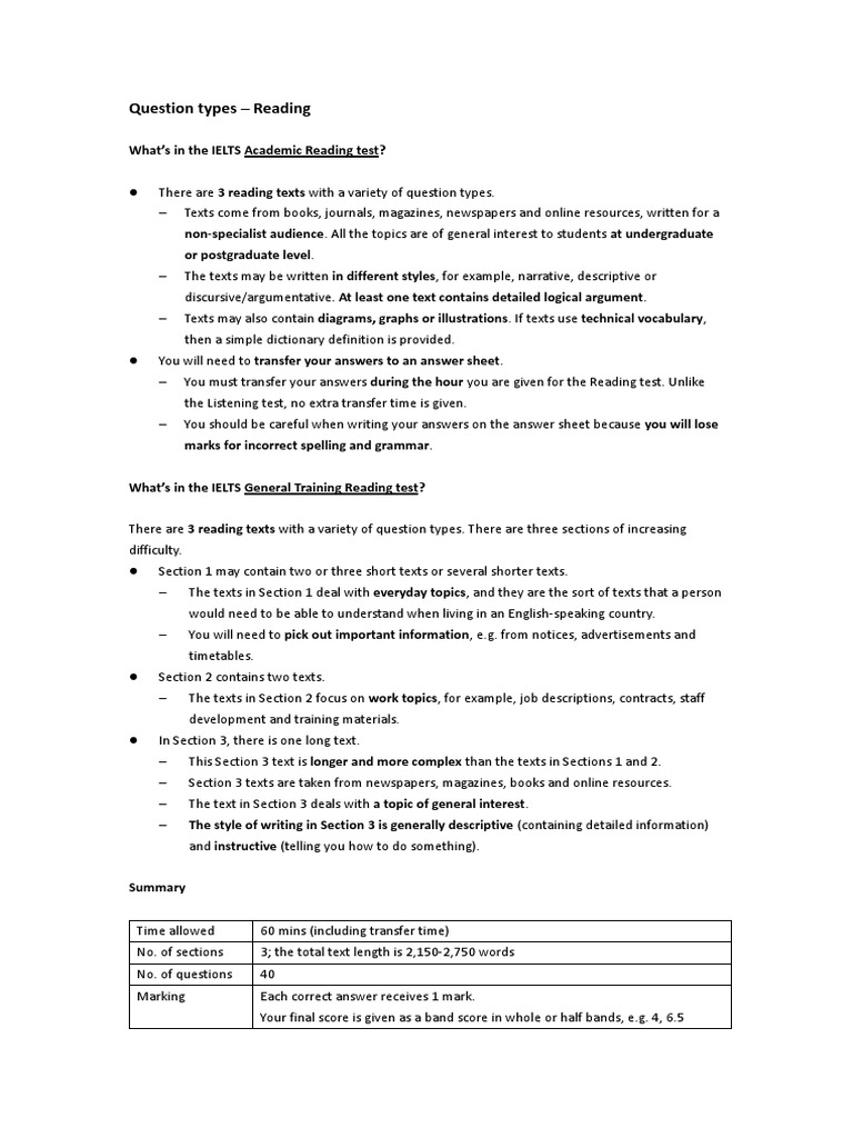 Question Types - IELTS Reading | PDF | Question | International English ...