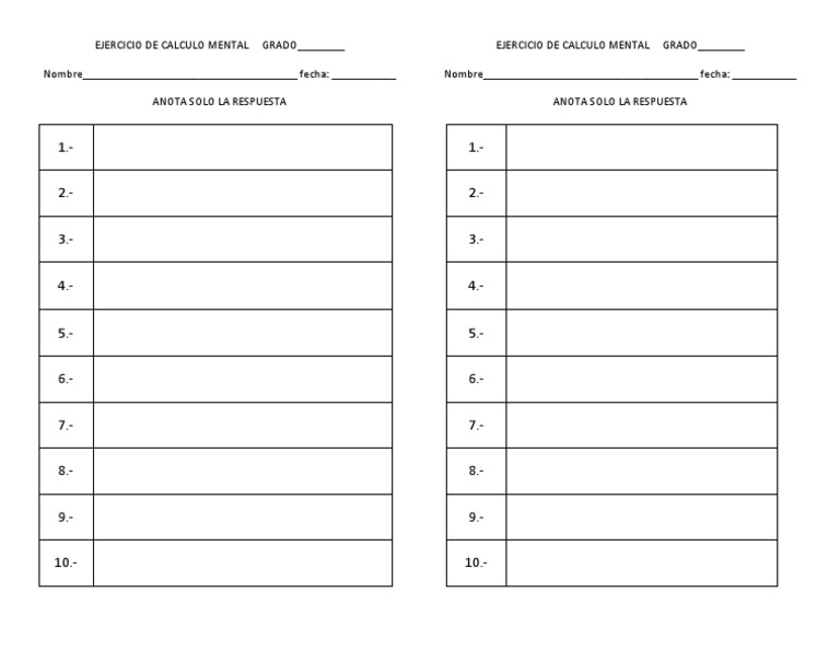 Formato para Ejercicios de Calculo Mental Alumnos | PDF
