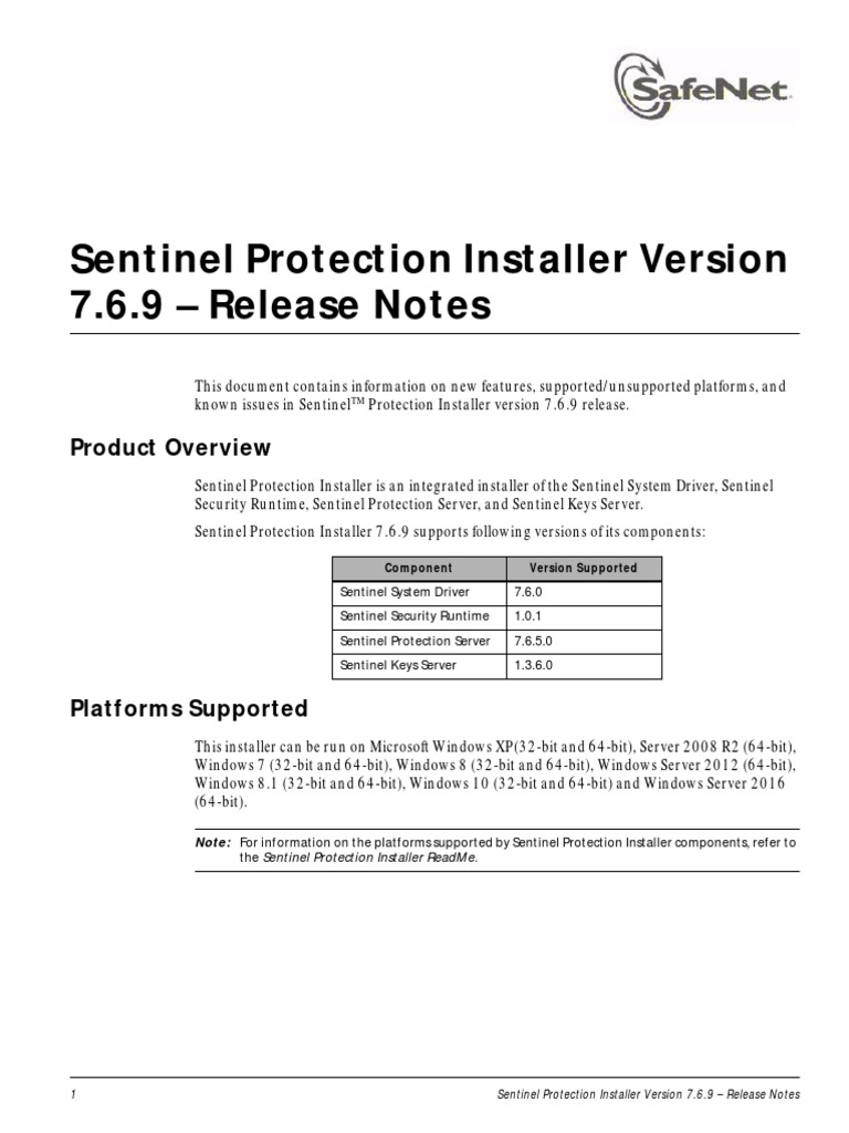 Sentinel Protection Installer Version 7.6.9 - Release Notes: Product ...