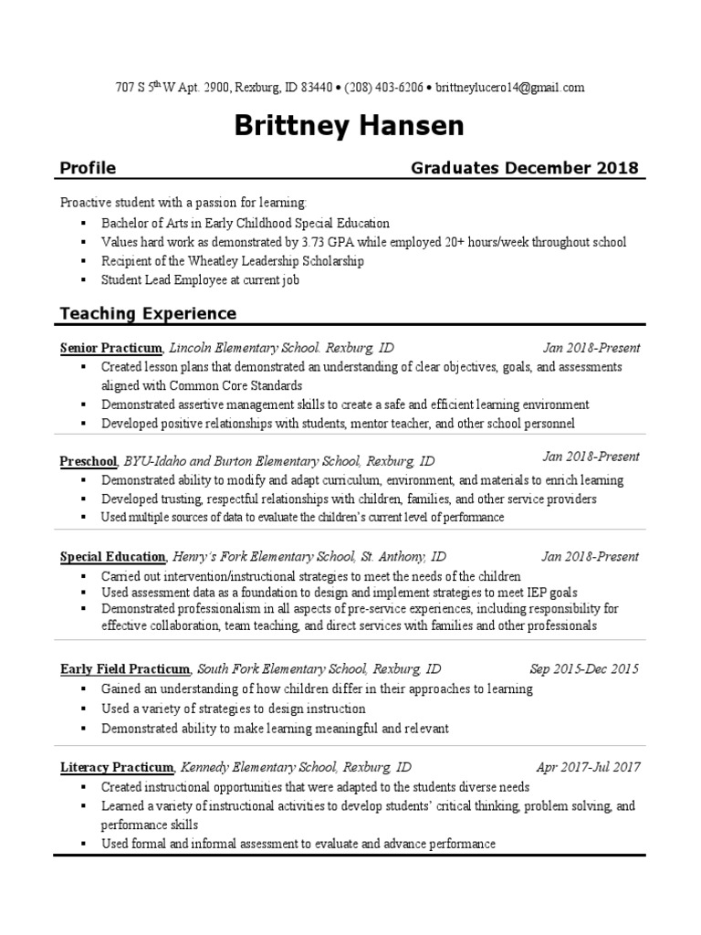 Brittney Hansen Resume | PDF | Teachers | Educational Assessment