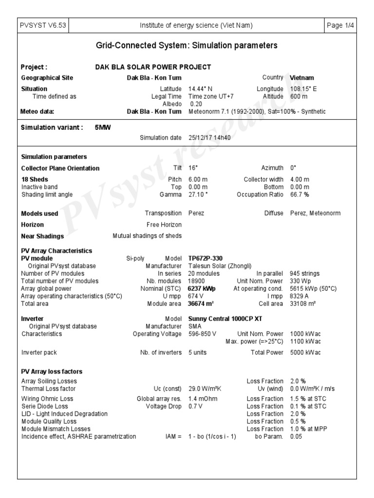 Grid-Connected System: Simulation Parameters: Page 1/4 PVSYST V6.53 Institute of Energy Science ...