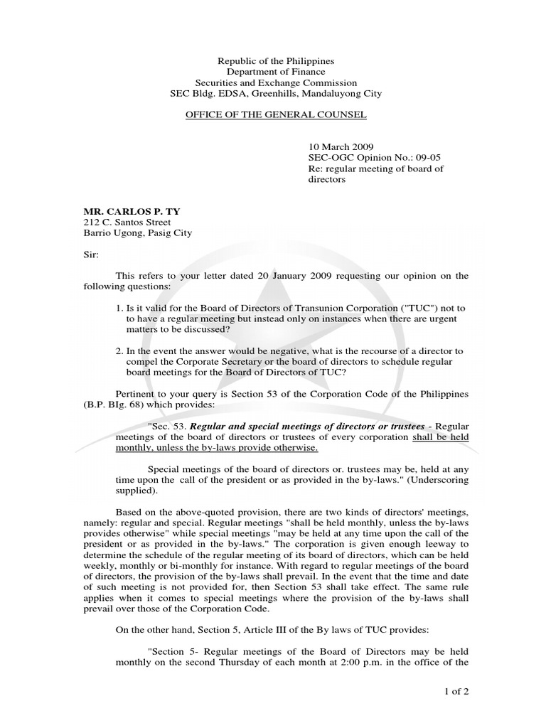 2 - Sec-Ogc Opinion No. 09-05 | PDF | By Law | Board Of Directors