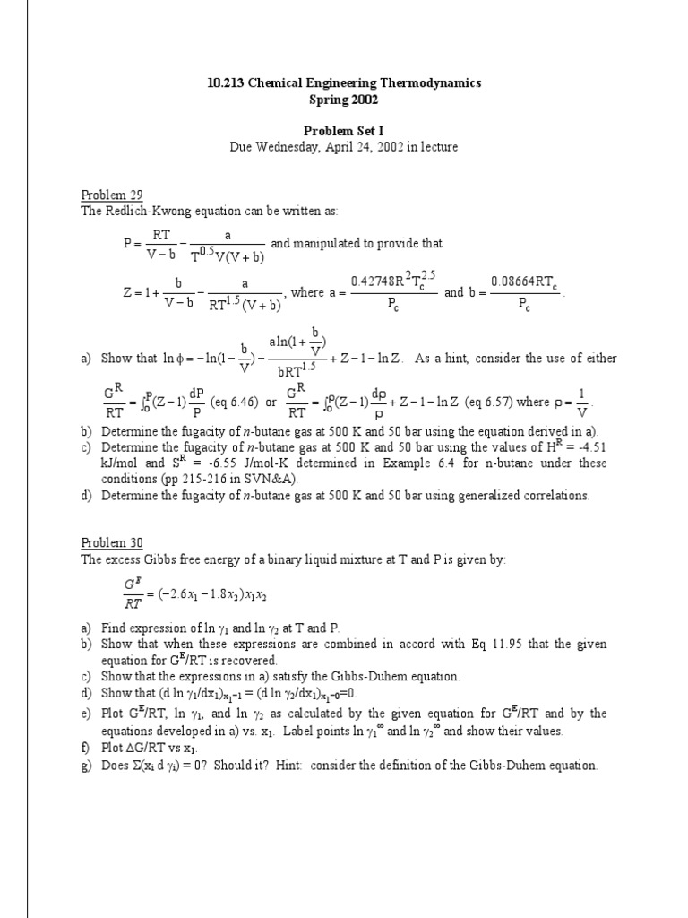 10.213 Chemical Engineering Thermodynamics Spring 2002 Problem Set I | PDF | Thermodynamics ...