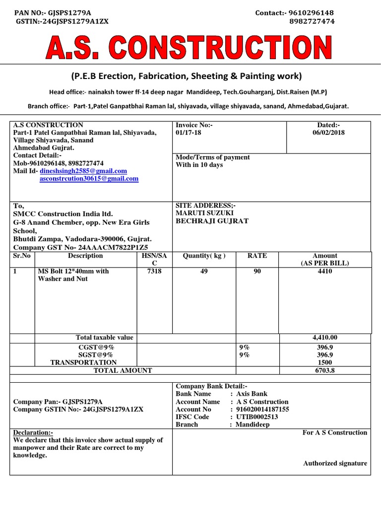 A S Construction Bill | PDF | Gujarat | Invoice