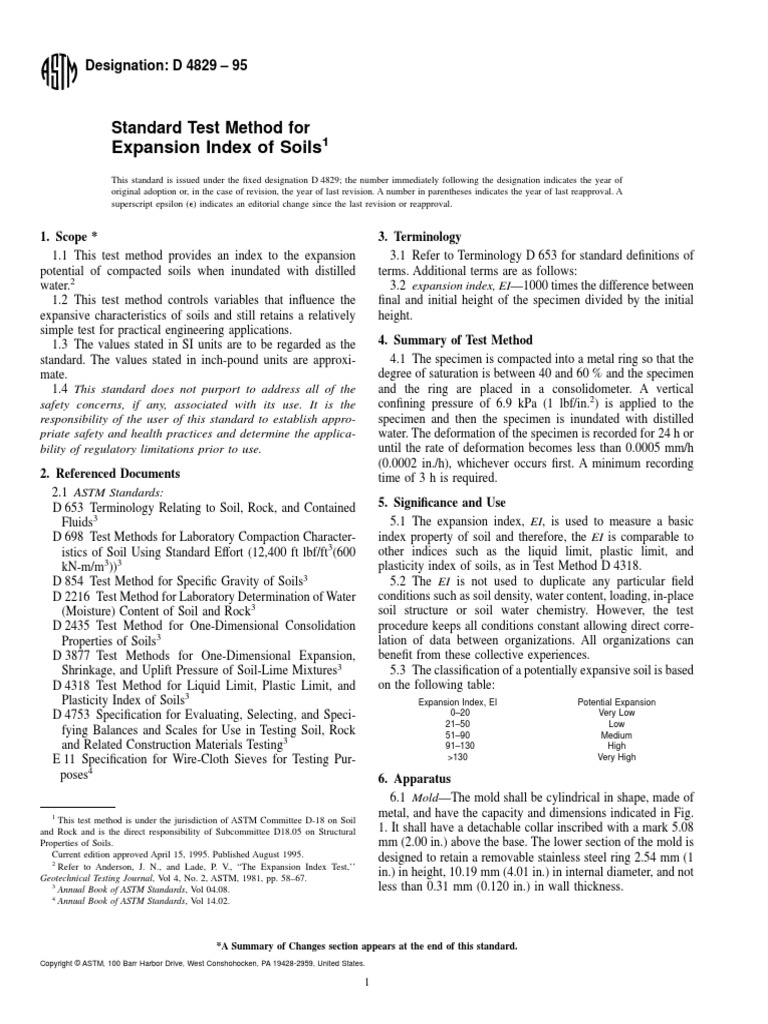 Expansion Index of Soils: Standard Test Method For | PDF | Soil | Materials