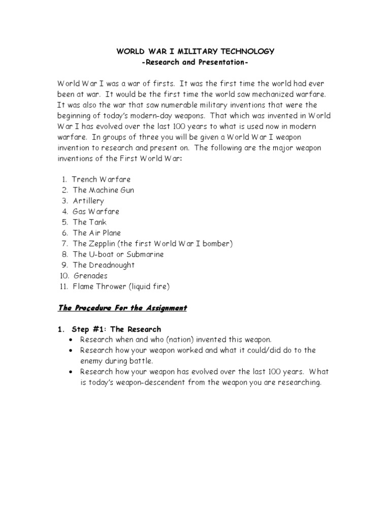 World War I Military Technology Assignment | PDF | World War I ...