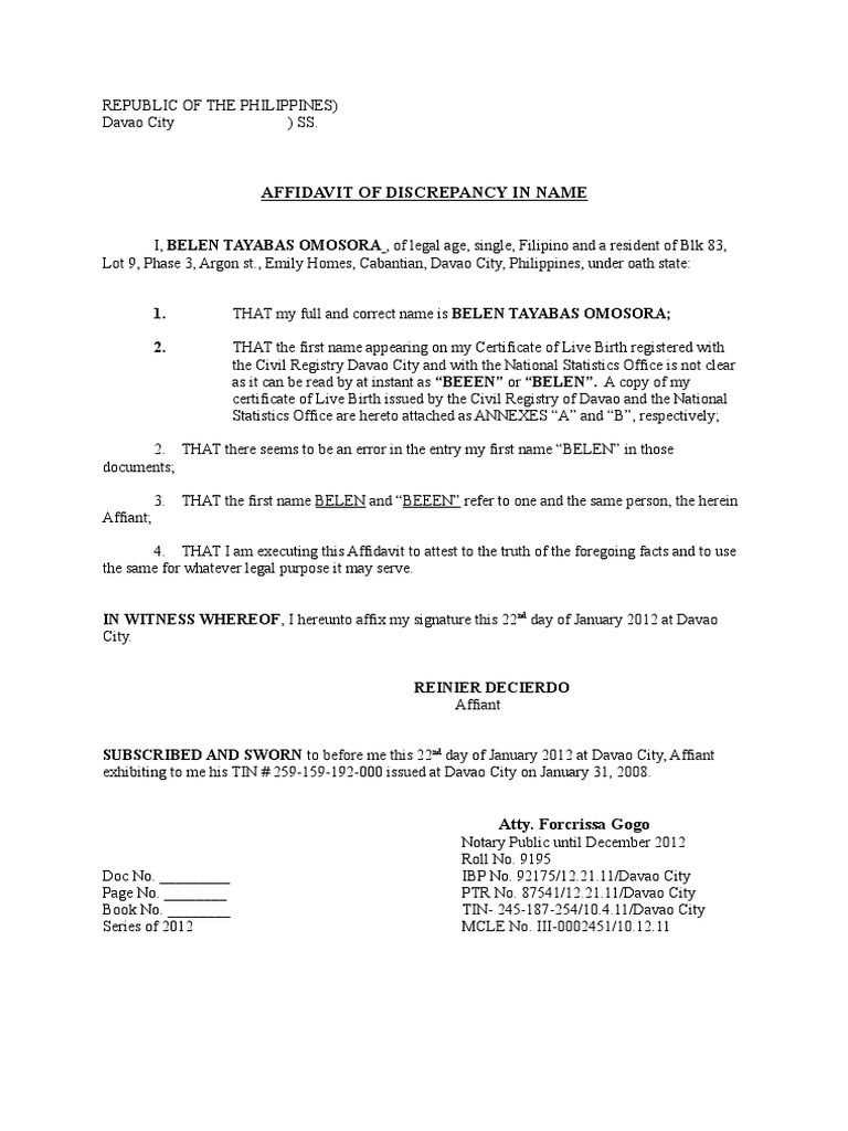 Correct Name Affidavit | PDF