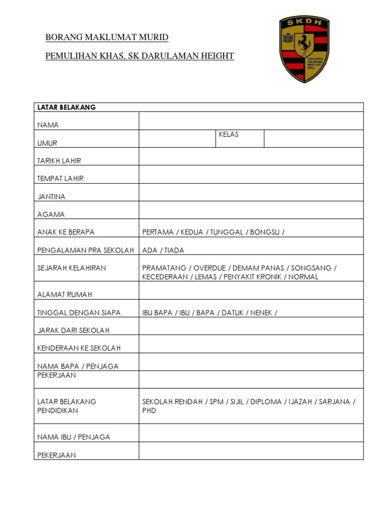 Borang Maklumat Murid | PDF