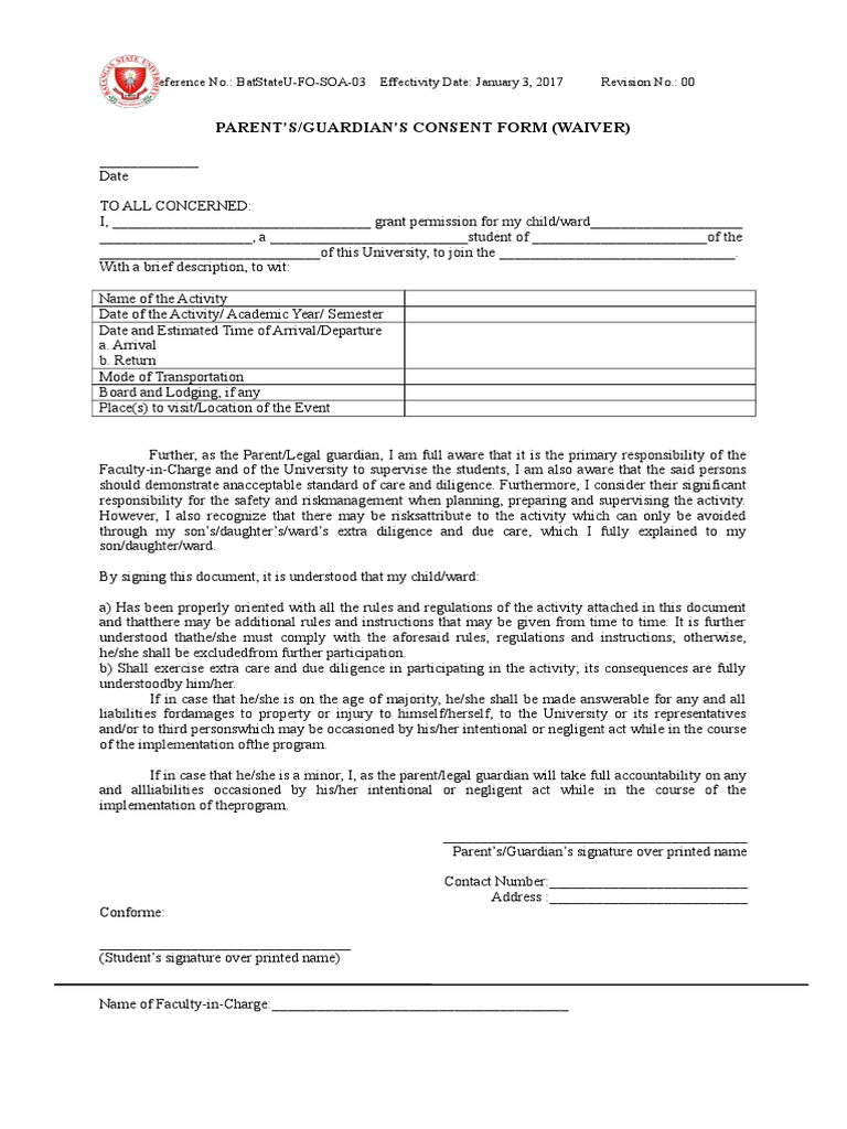 Parental Consent Form for Student Participation in University Field ...
