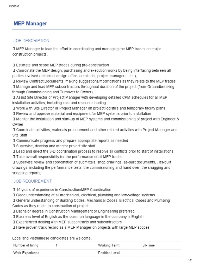 MEP Manager Job Description | PDF | Construction Management | Science ...
