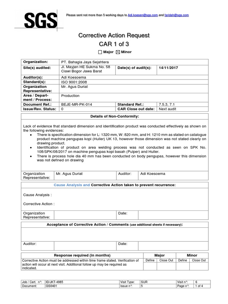 Corrective Action Request CAR 1 of 3: Please Sent Not More Than 5 ...