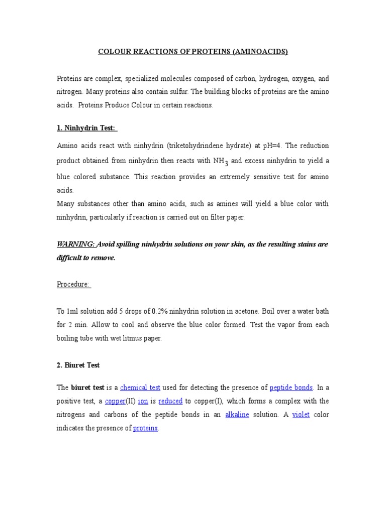 Colour Reactions of Proteins and Amino Acids | PDF | Amine | Sodium ...