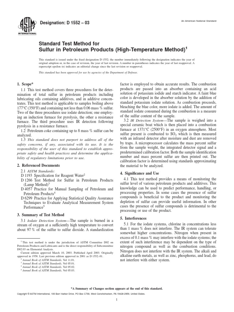 Sulfur in Petroleum Products (High-Temperature Method) : Standard Test ...
