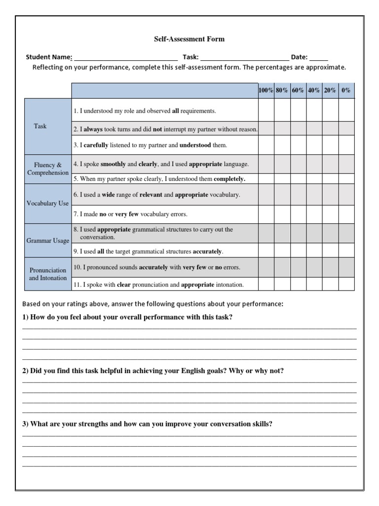 Self-Assessment Form | PDF | Grammar | Reading Comprehension