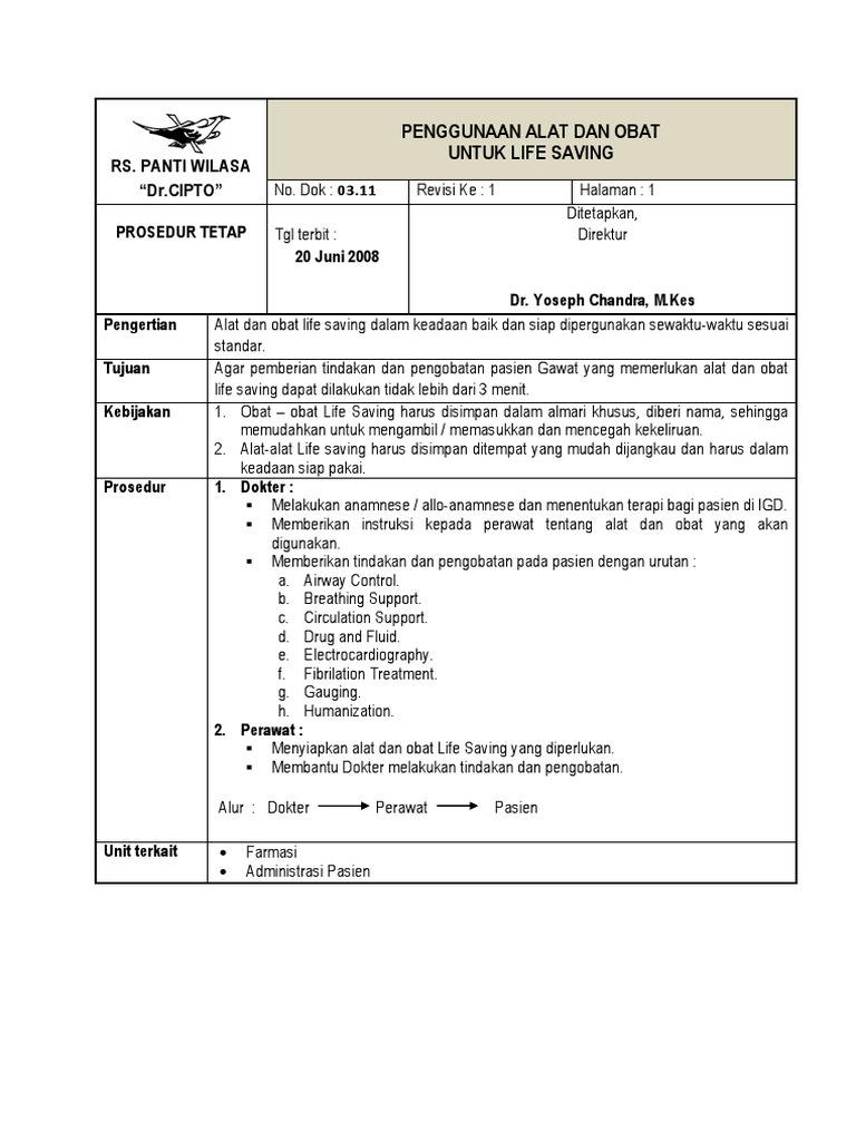 SOP Penggunaan Alat Dan Obat Untuk Life Saving | PDF