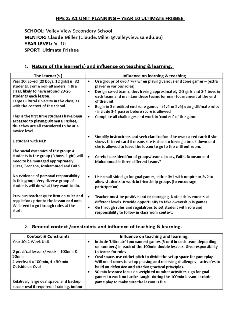 Ultimate Frisbee Year 10 Unit Plan Vvss | PDF | Teachers | Rubric ...