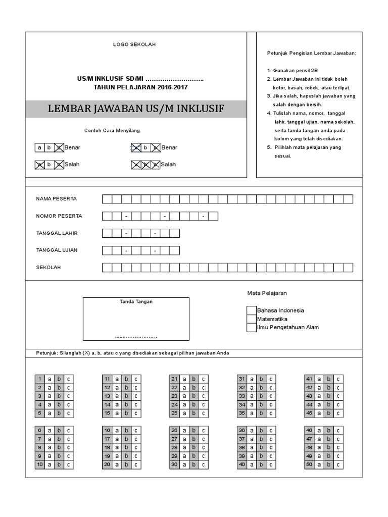 Contoh Lembar LJK SD | PDF