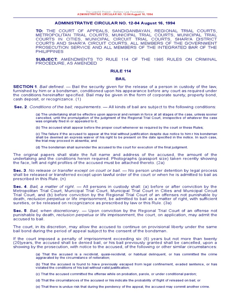 Administrative Circular No. 12-94-Amendments To R114-Bail | PDF | Bail | Life Imprisonment