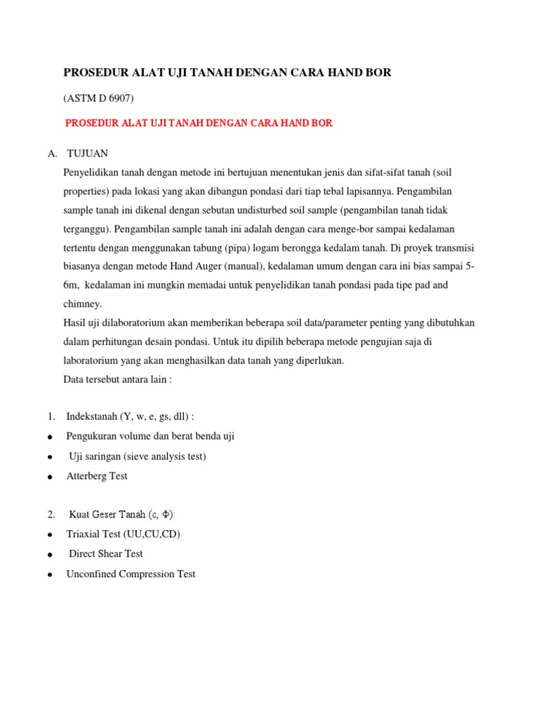 Prosedur Alat Uji Tanah Dengan Cara Hand Bor | PDF