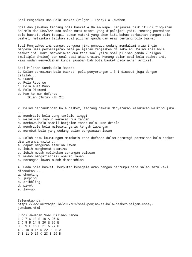 Soal Penjaskes Bab Bola Basket (Pilgan - Essay) & Jawaban | PDF