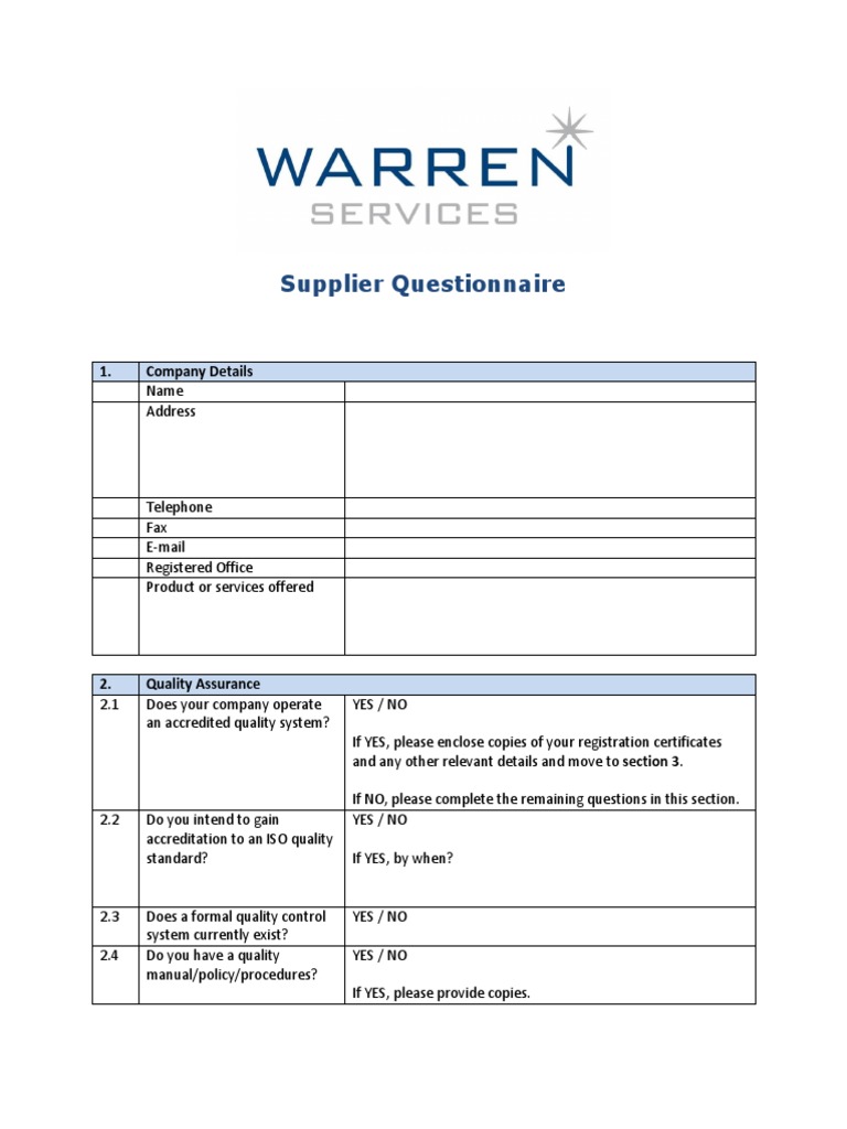 Supplier Quality Assessment Questionnaire | PDF | Quality Assurance ...