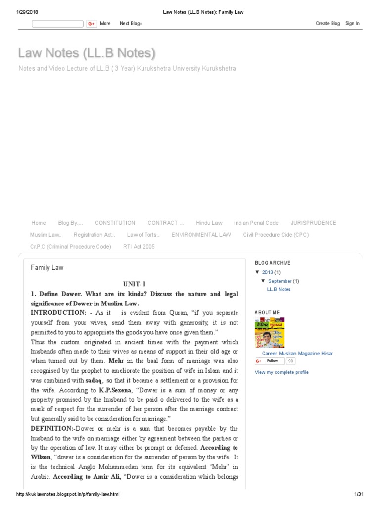 Family Law Notes for LL.B Students | PDF | Marriage | Legal Guardian