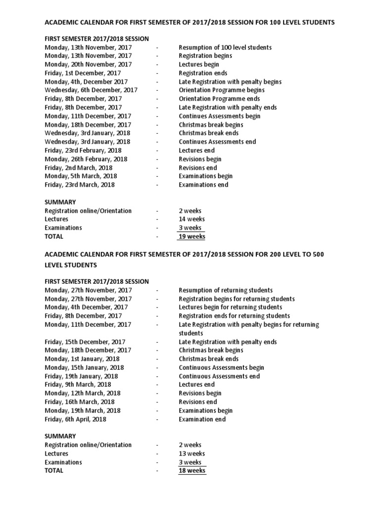 Academic Calendar For First Semester of 2017/2018 Session For 100 Level ...