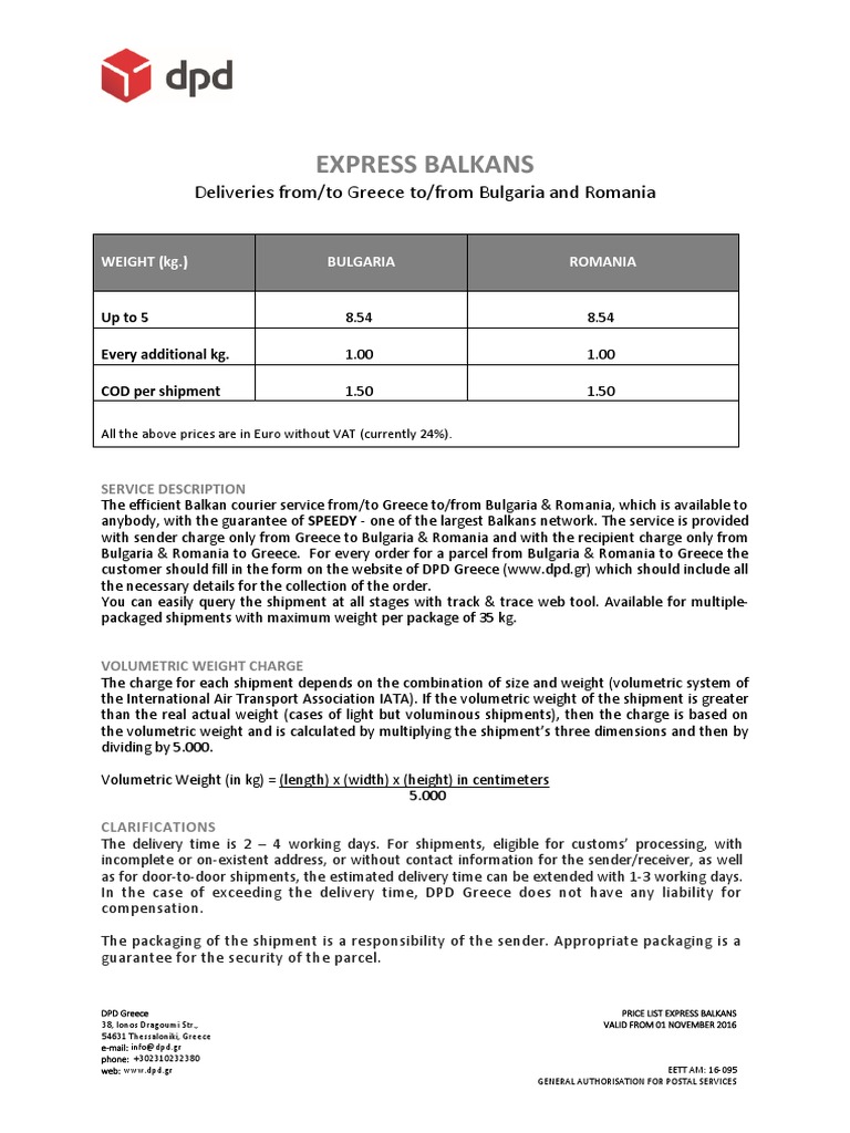 DPD Greece Express Balkan Pricing Guide | PDF | Mail | Courier