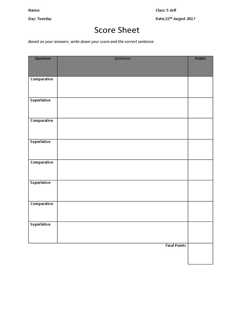 Score Sheet: Based On Your Answers, Write Down Your Score and The ...